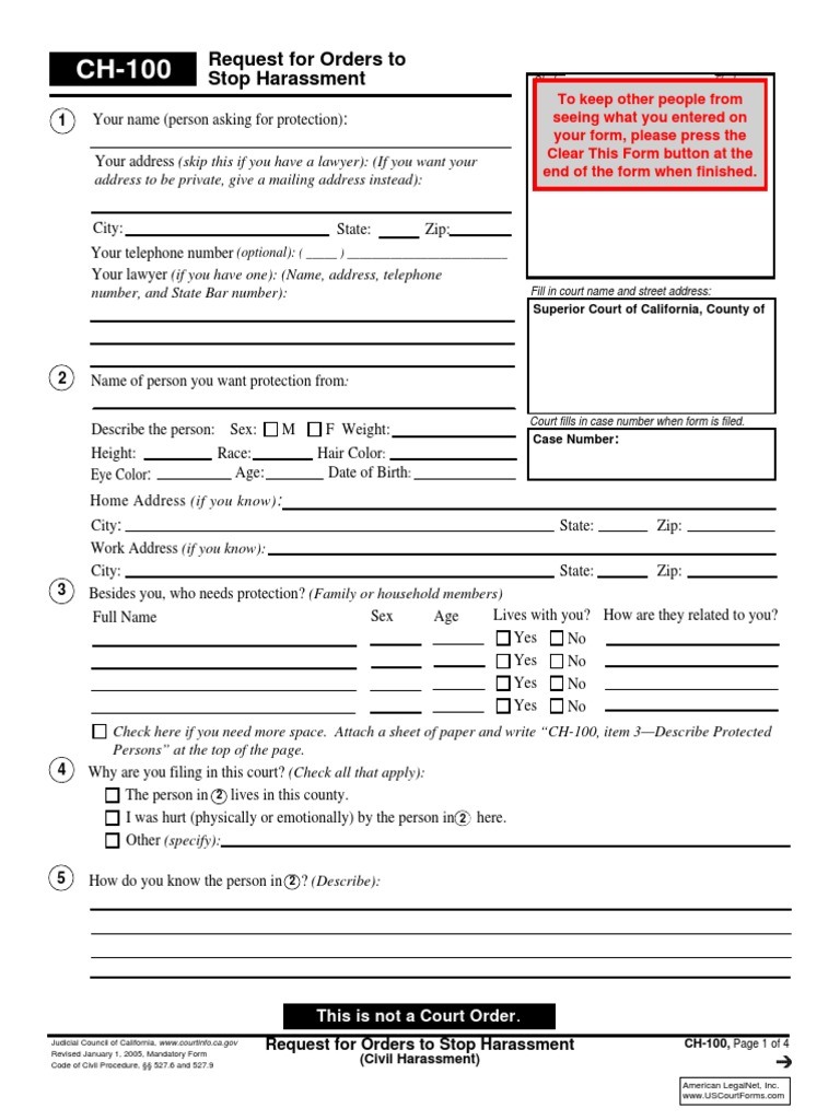 Request For Orders To Stop Harassment (Civil Harassment) | PDF ...