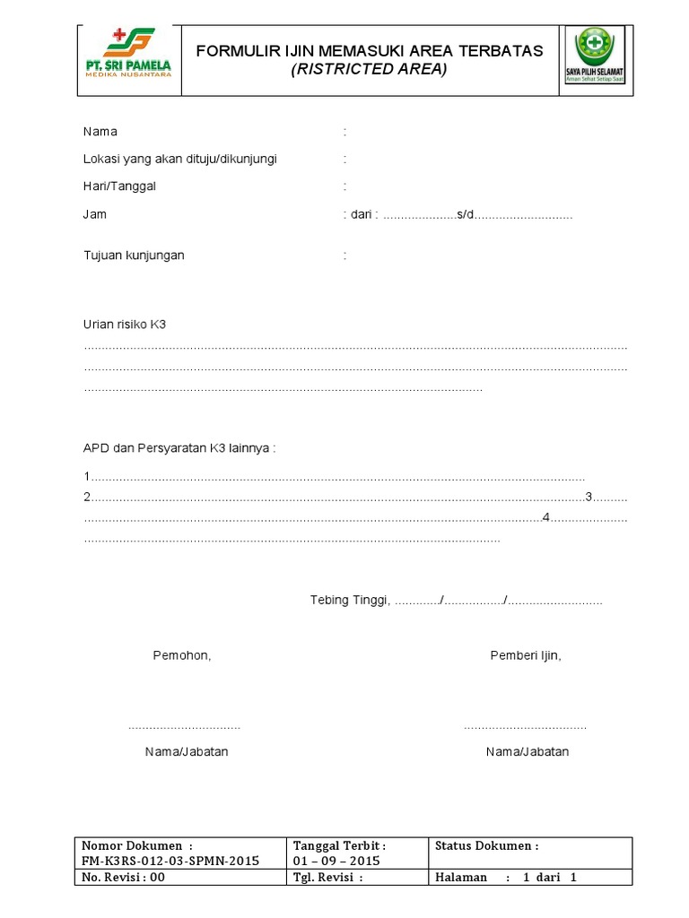 FM k3rs 012 03 RSPMN 2015 Form Ijin Memasuki Area Terbatas | PDF
