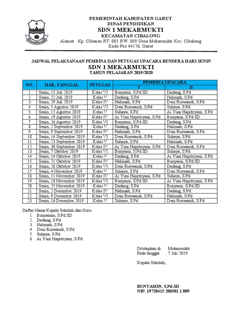 Jadwal Pembina Upacara Hari Senin Sem 1 TP 2019-2020 SDN 1 Mekarmukti | PDF | Kesehatan Holistik
