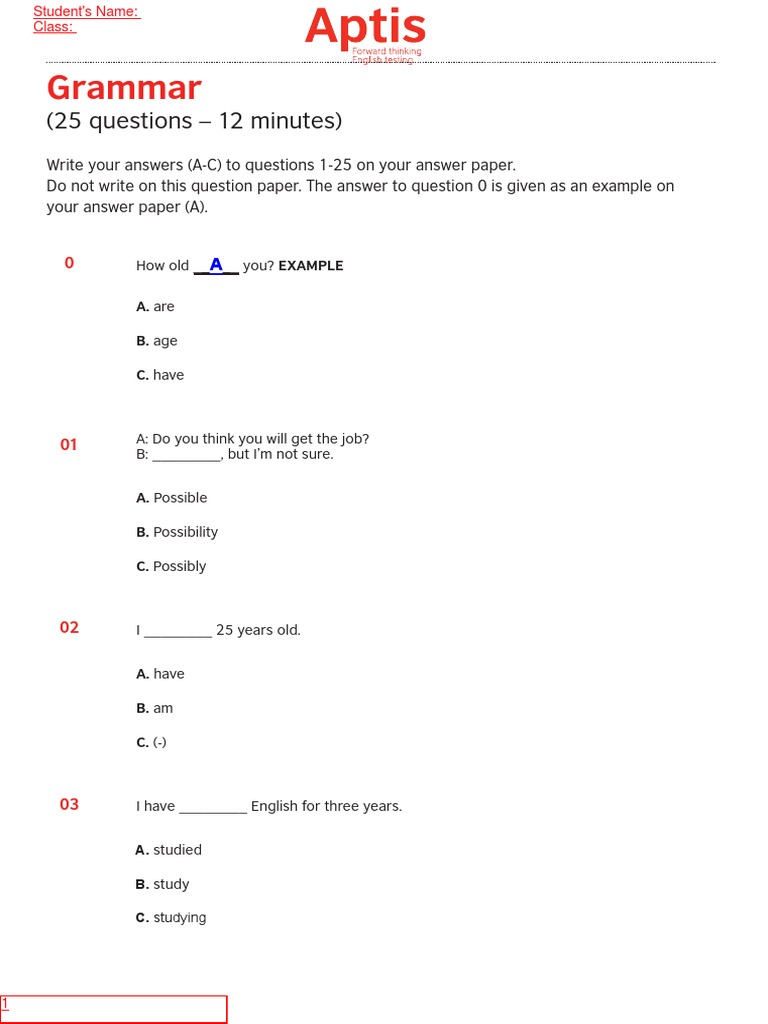 Aptis Vocab and Grammar - Whole Test | PDF