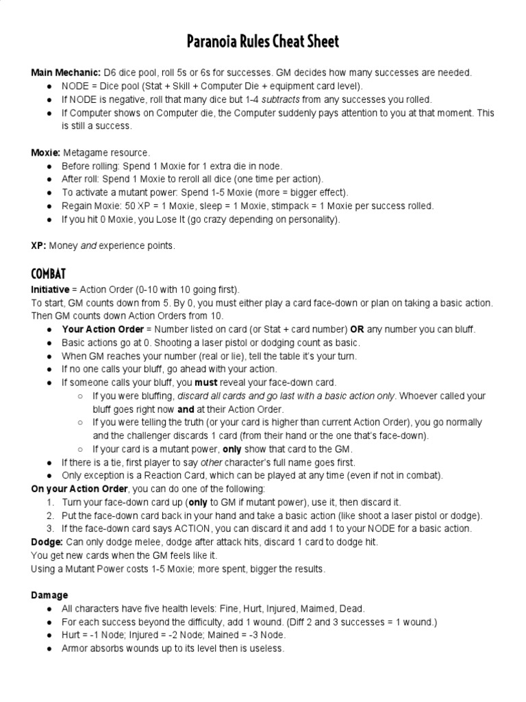Paranoia RPG Rules Cheat Sheet | PDF | Toys | Role Playing Games