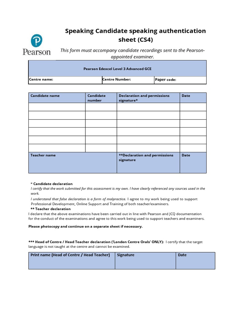 Speaking Candidate Speaking Authentication Sheet (CS4) | PDF
