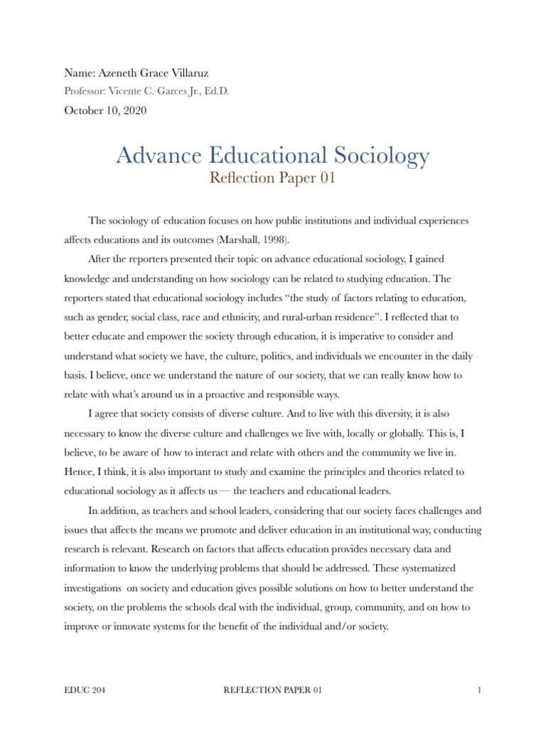 EDUC204 Reflection Paper 01 | PDF | Sociology | Community