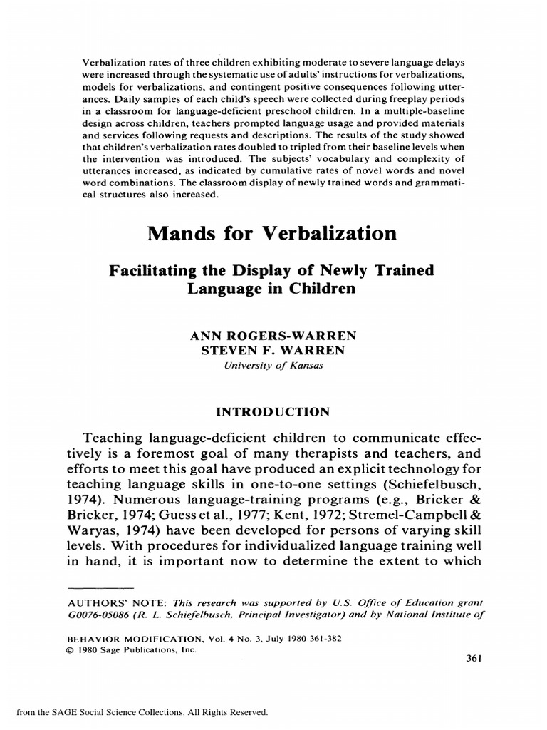 Rogers-Warren, A., & Warren, S. F. (1980) - Mand-Model Behavior ...