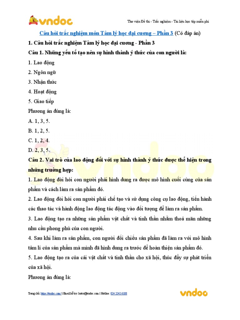 Cau Hoi Trac Nghiem Mon Tam Ly Hoc Dai Cuong Phan 3 | PDF