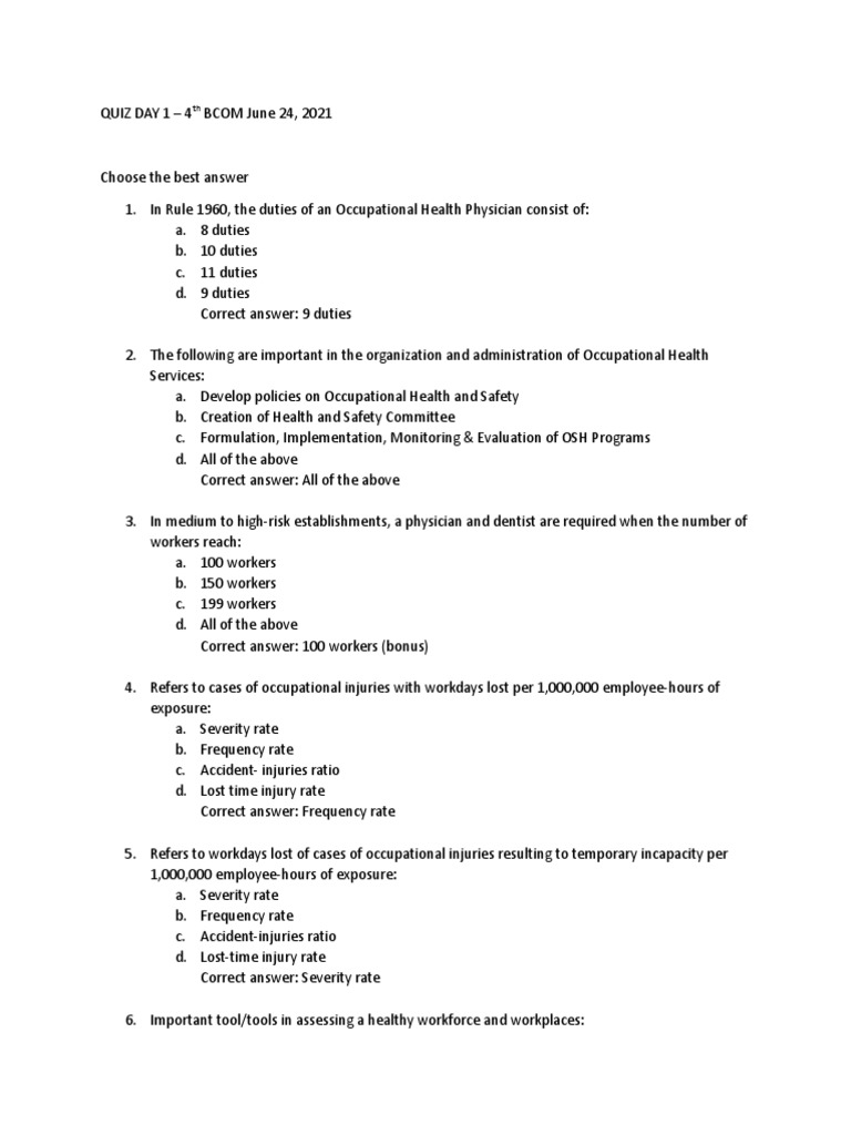 QUIZ DAY 1 - 4th BCOM OHS | PDF | Occupational Safety And Health ...