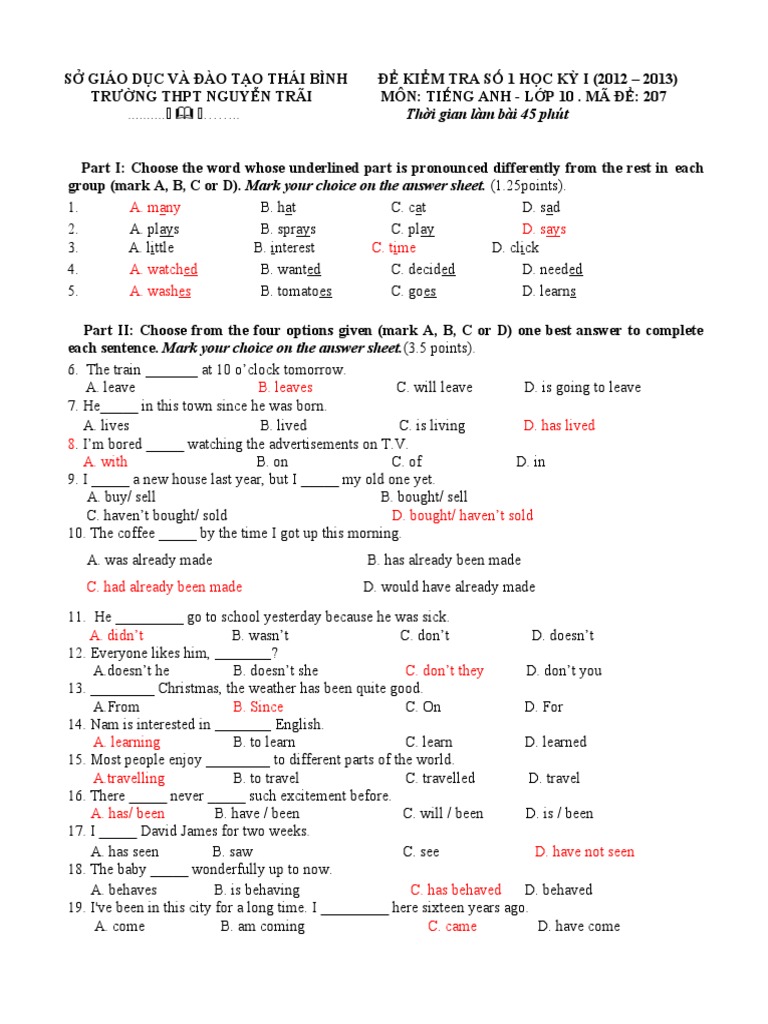 Các Đề Kiểm Tra 1 Tiết Lần 1 HKI Ti Ếng Anh Lớp 10 | PDF | Teachers