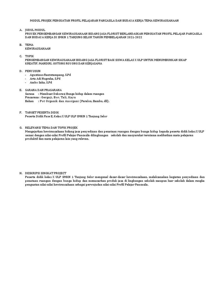 Modul Project Kewirausahaan - p5bk Ulp | PDF