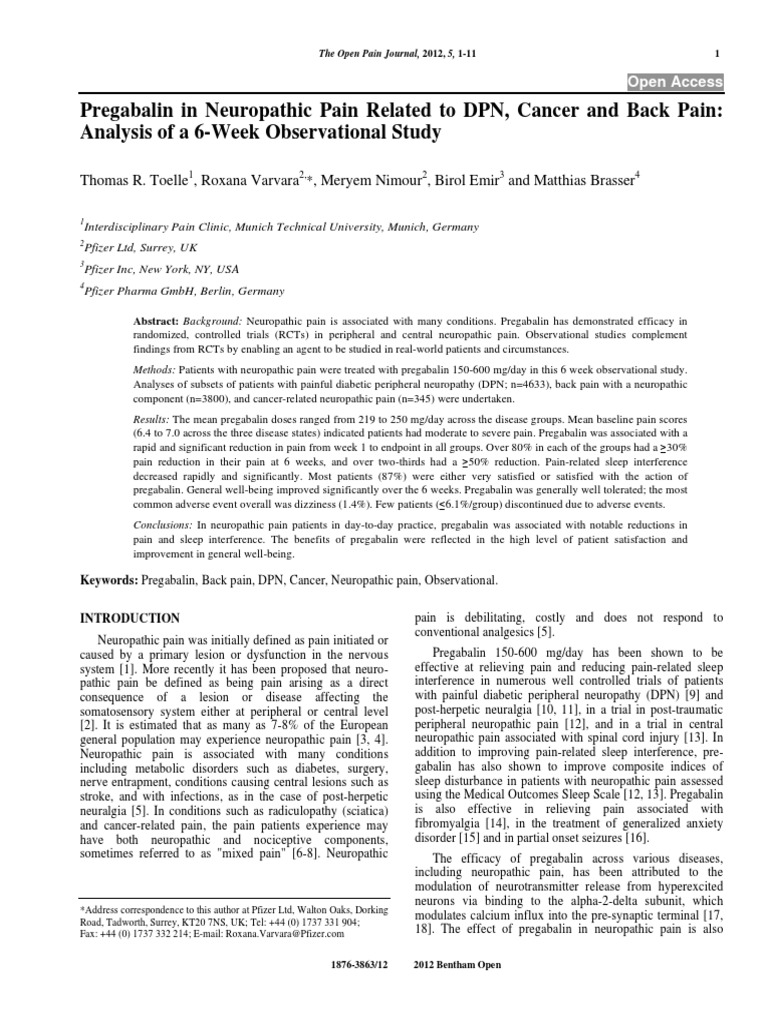 Pregabalin in Neurophatic Pain Related To DPN, Cancer and Back Pain Analysis of A 6 Week ...
