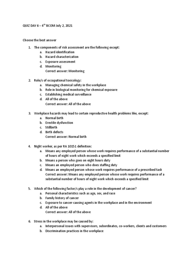 Quiz Day 6 | PDF | Occupational Safety And Health | Hazards