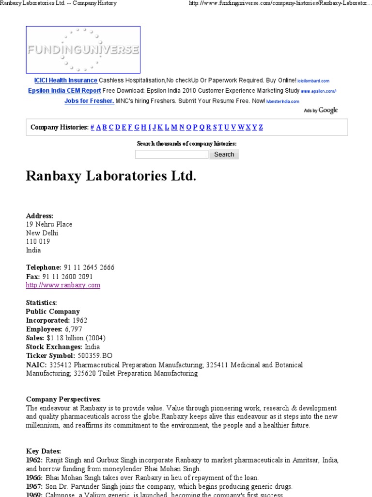 Ranbaxy Laboratories Ltd. - Company History | PDF | Generic Drug ...