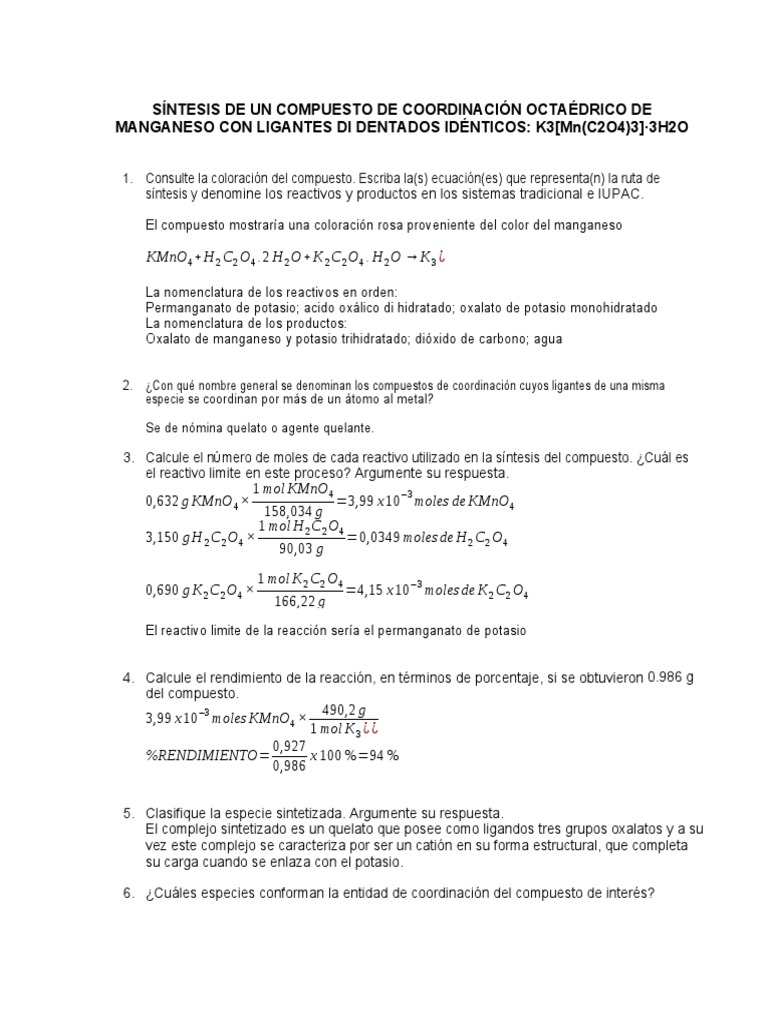 Síntesis y Caracterización de K3[Mn(C2O4)3] | PDF | Complejo de ...