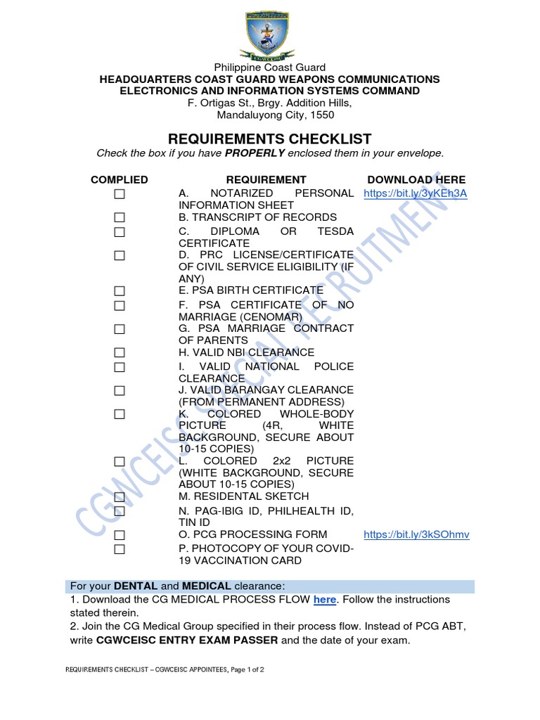 Requirements Checklist: Headquarters Coast Guard Weapons Communications ...