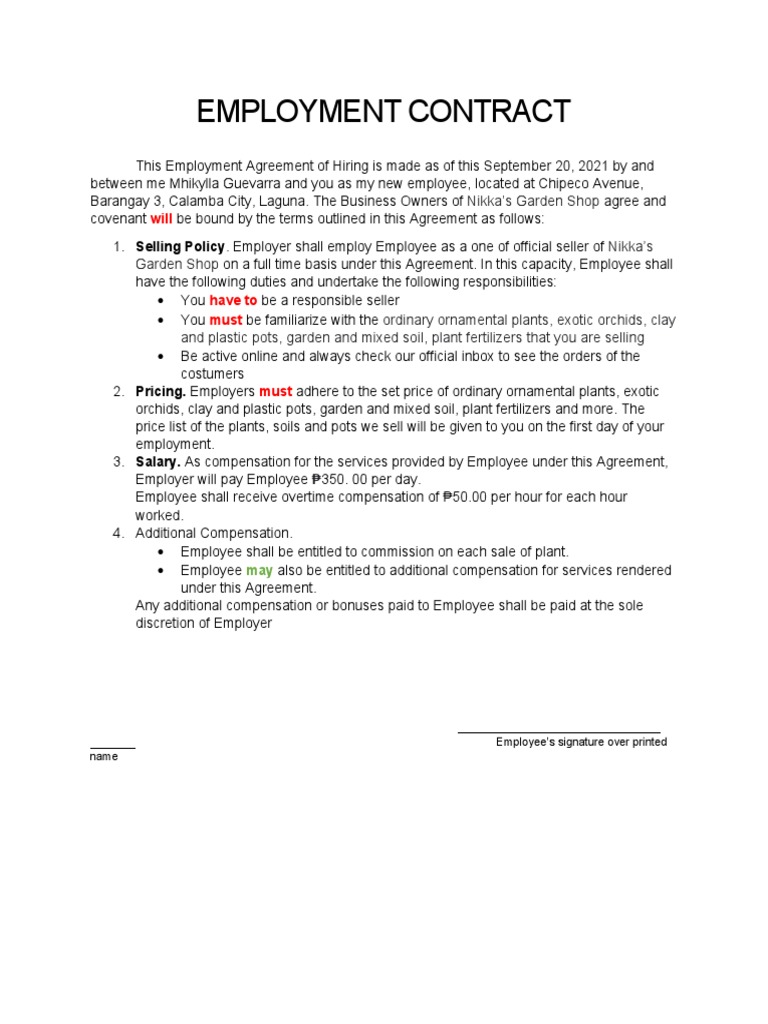 Employment Contract: Nikka's Garden Shop Nikka's Garden Shop | PDF