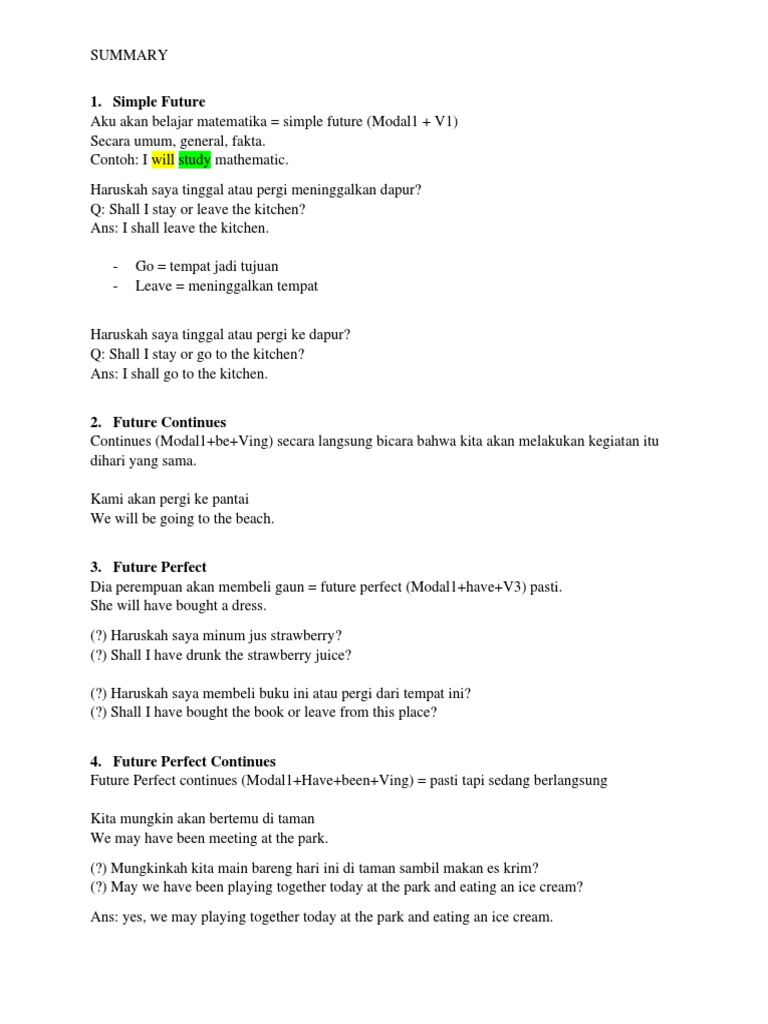 Summary Future Tense | PDF | Language Mechanics | Grammar