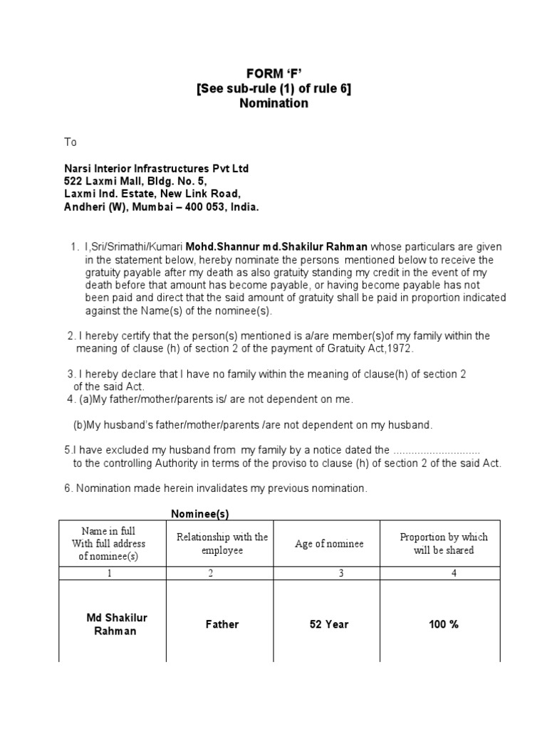 Form F' (See Sub-Rule (1) of Rule 6) Nomination | PDF | Justice | Crime ...