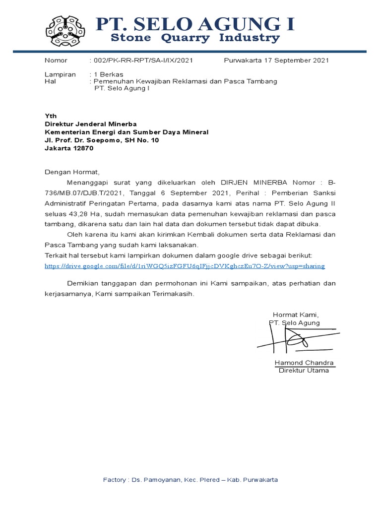 Pemenuhan Reklamasi PT. Selo Agung | PDF