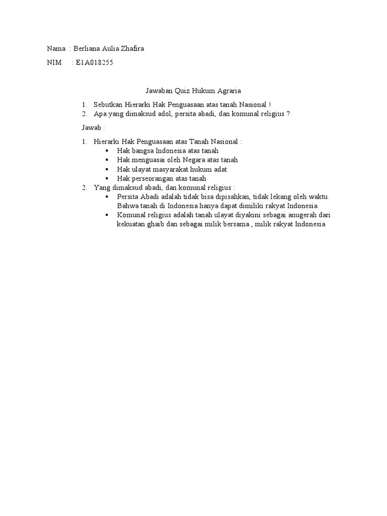 Tugas 2 Hukum Agraria - Berliana Aulia Zhafira - E1a018255 | PDF | Ilmu Sosial | Hukum