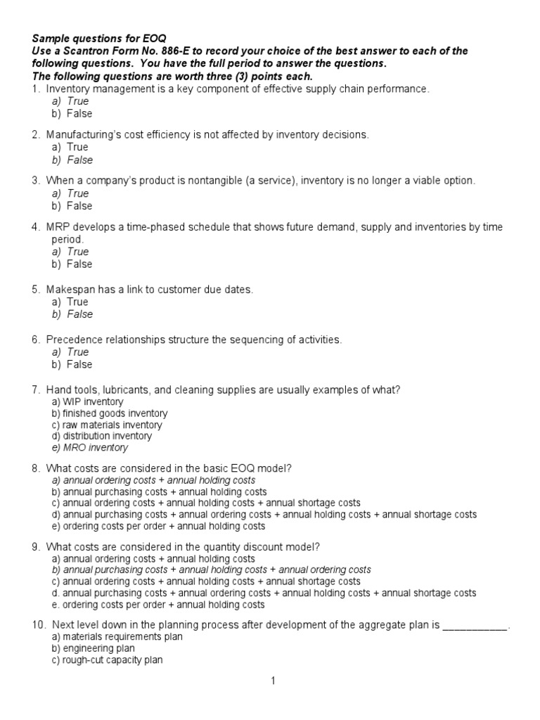 Sample Test Questions For EOQ | PDF | Inventory | Secondary Sector Of ...