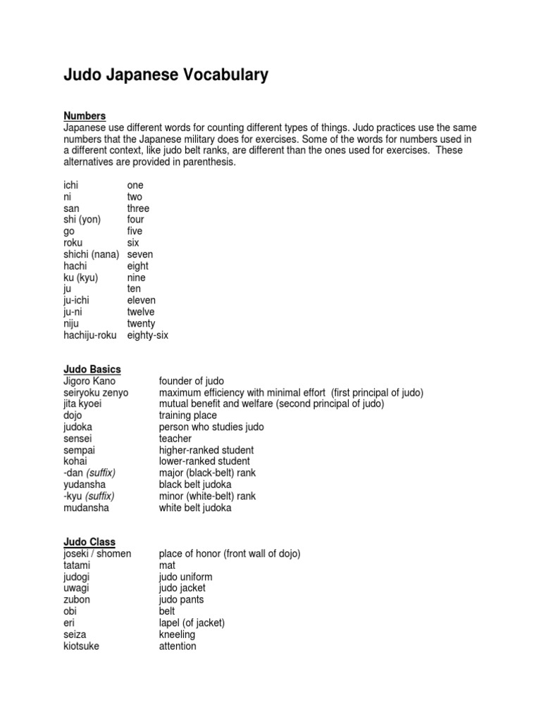 Judo Japanese Vocabulary Guide | PDF | Judo | Syllable