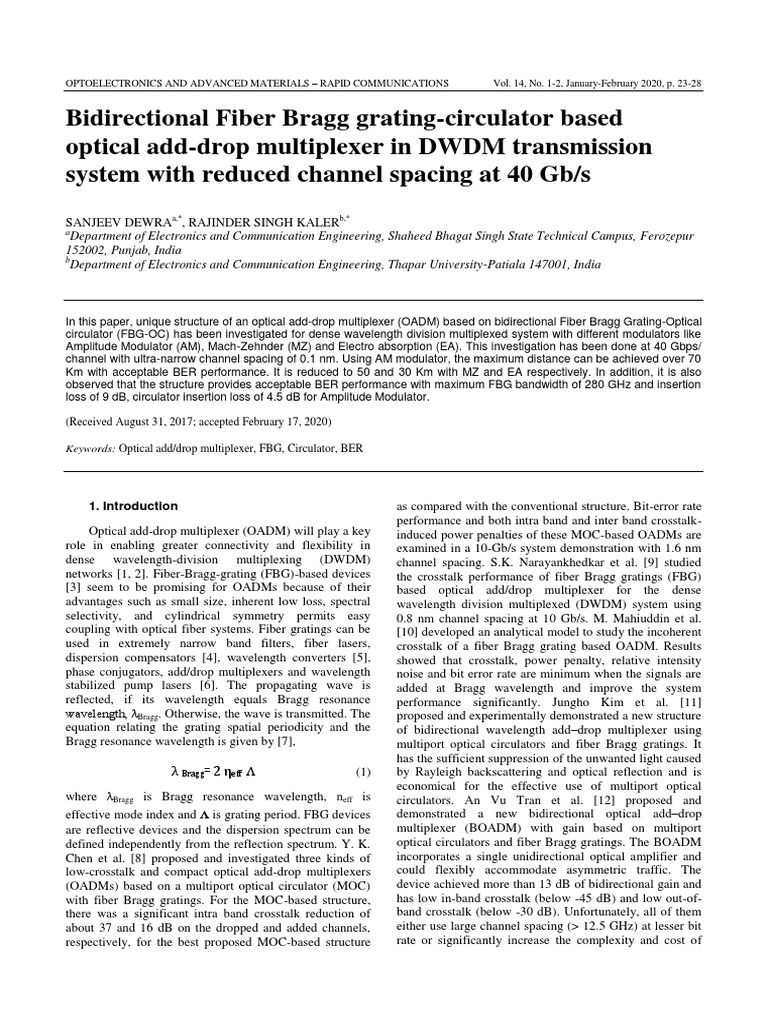 Bidirectional Fiber Bragg Grating-Circulator Based Optical Add-Drop Multiplexer in DWDM ...