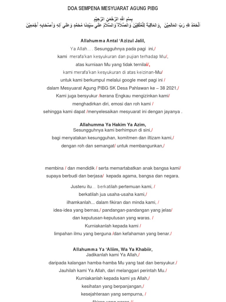 Doa Sempena Mesyuarat Agung PIBG | PDF