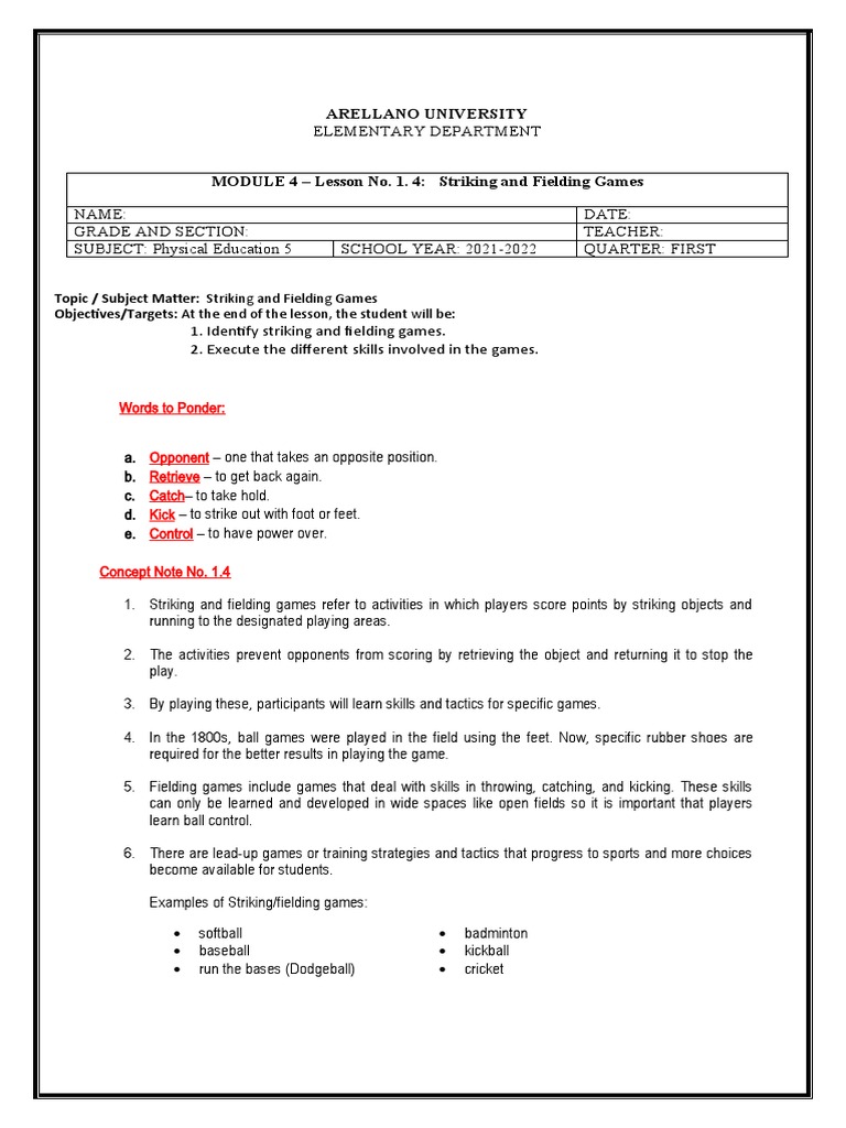 Cn 1 4 Striking And Fielding Games Pdf Physical Education Recreation