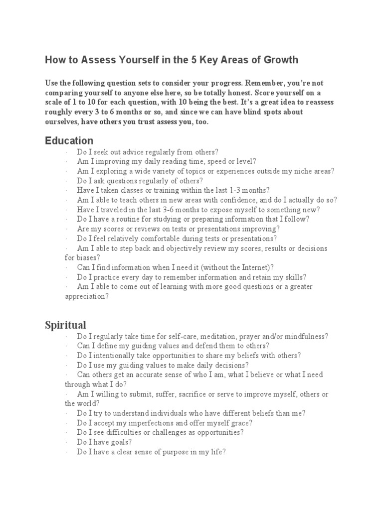 Self-Assessment in 5 Growth Areas | PDF | Psychology | Psychological ...