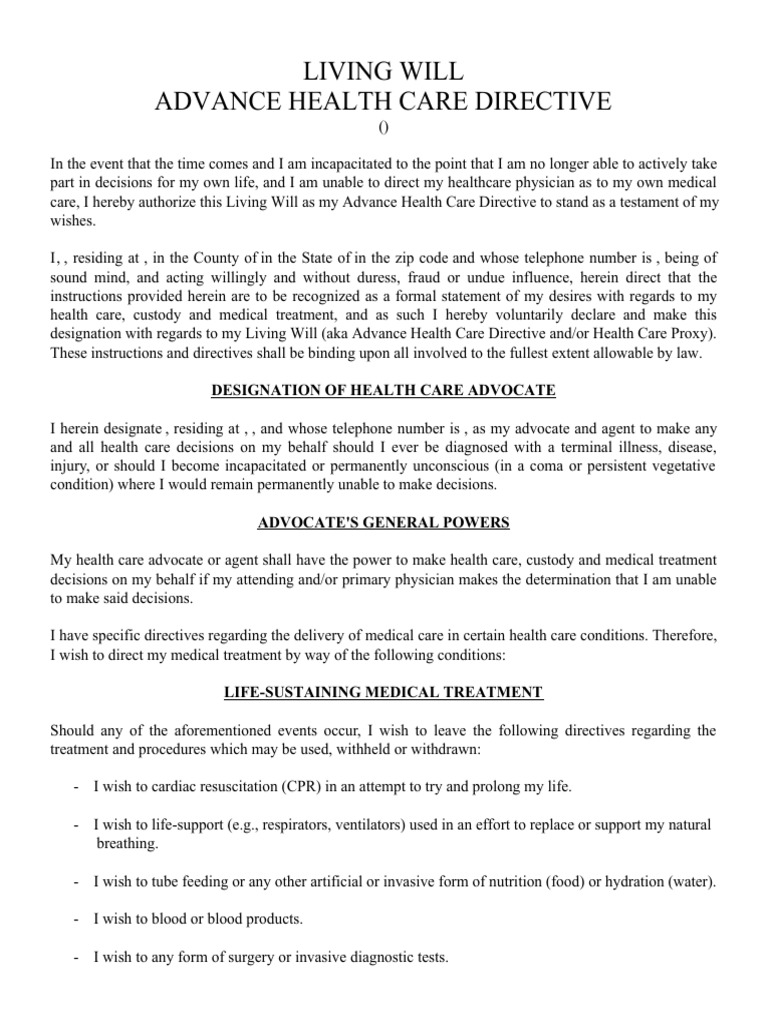 Living Will Advance Health Care Directive | PDF | Clinical Medicine ...