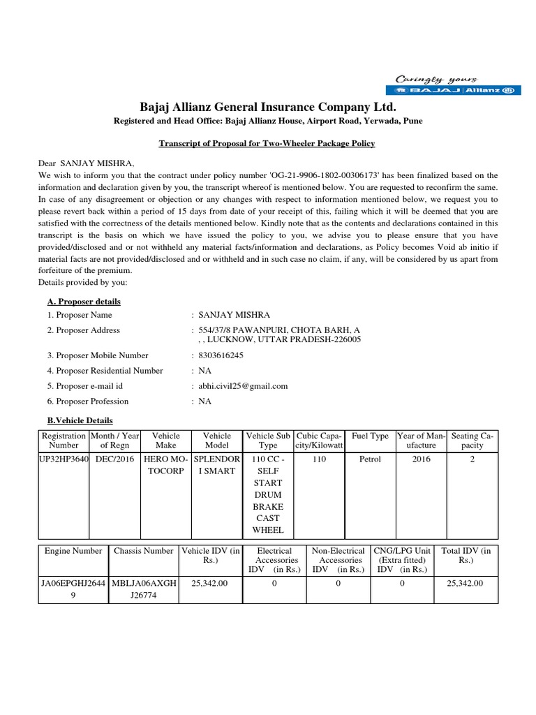 Bajaj Allianz Two-Wheeler Policy Details | PDF | Insurance