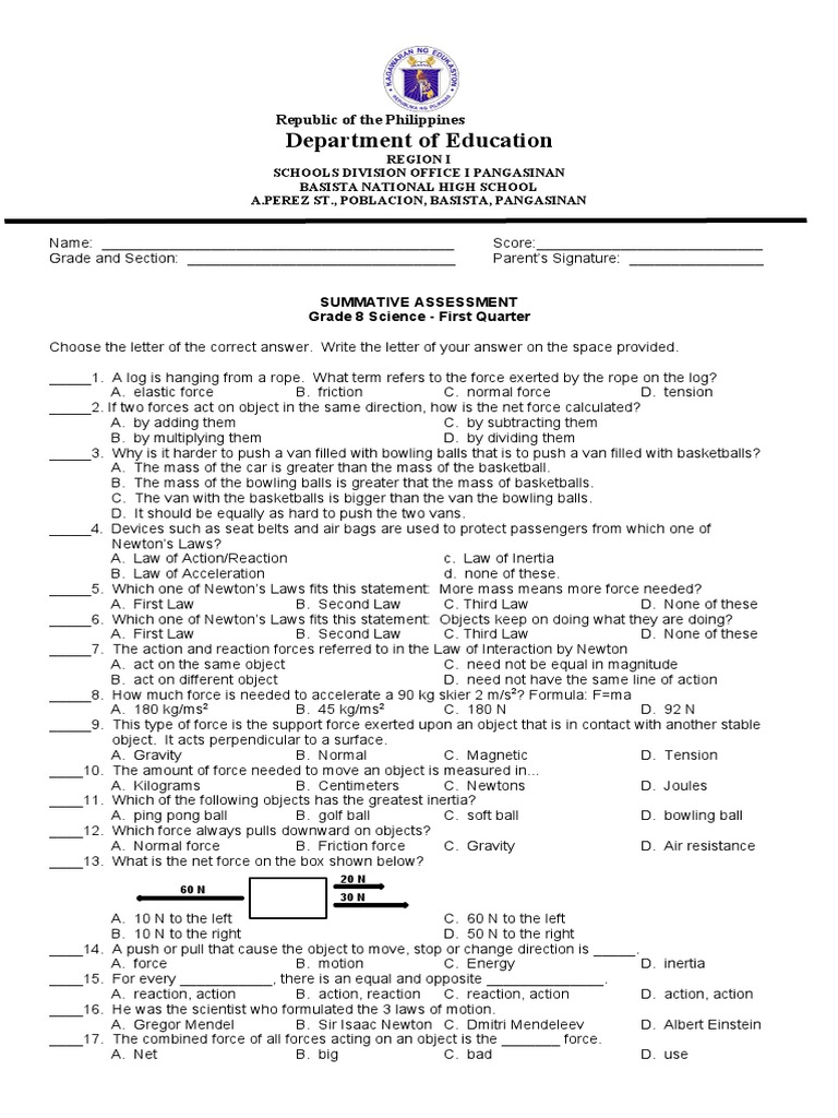 Grade 8 Science Quarter 1 Assessment | PDF | Force | Electrical ...