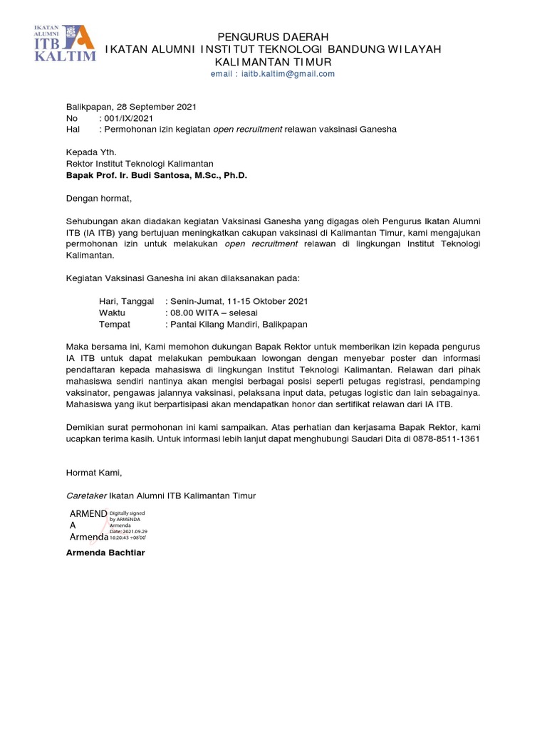 Surat Permohonan Relawan - ITK | PDF