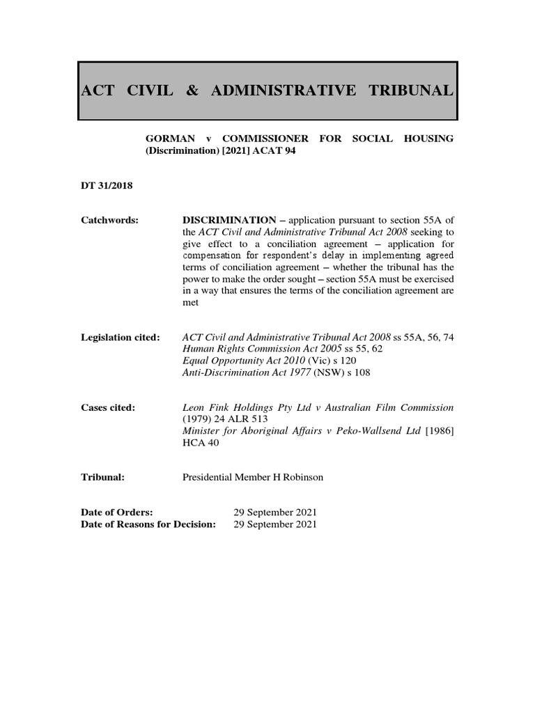 ACT Tribunal Ruling on Discrimination Case | PDF | Damages | Jurisdiction