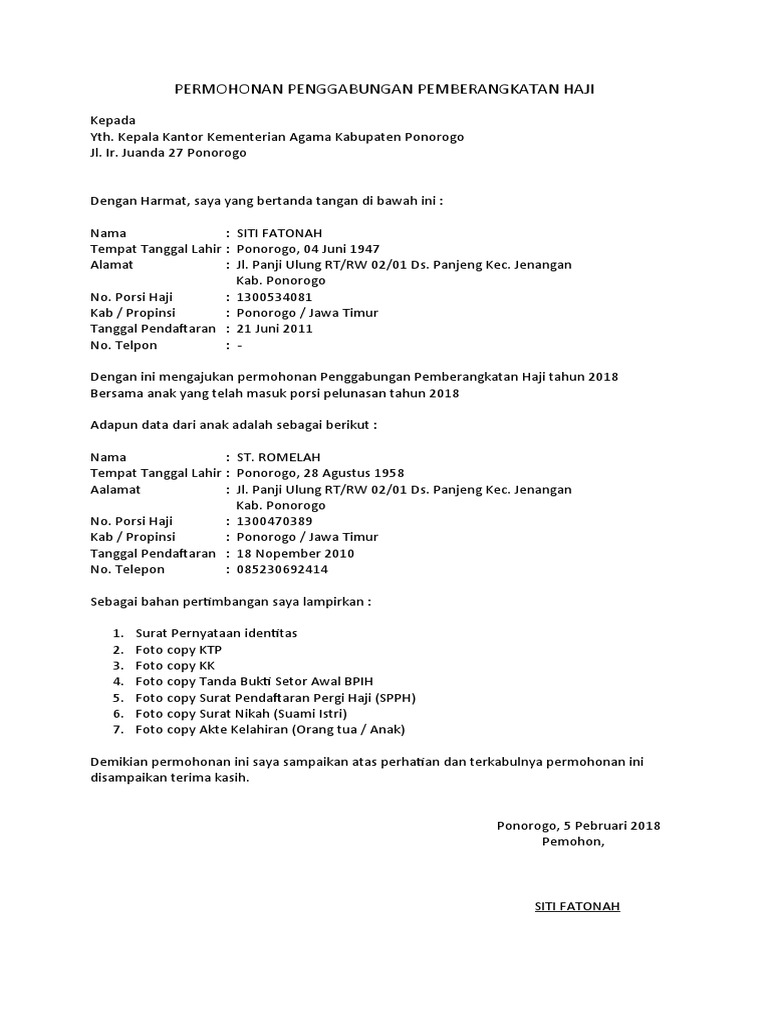 Permohonan Penggabungan Pemberangkatan Haji | PDF Permohonan Penggabungan Pemberangkatan Haji | PDF