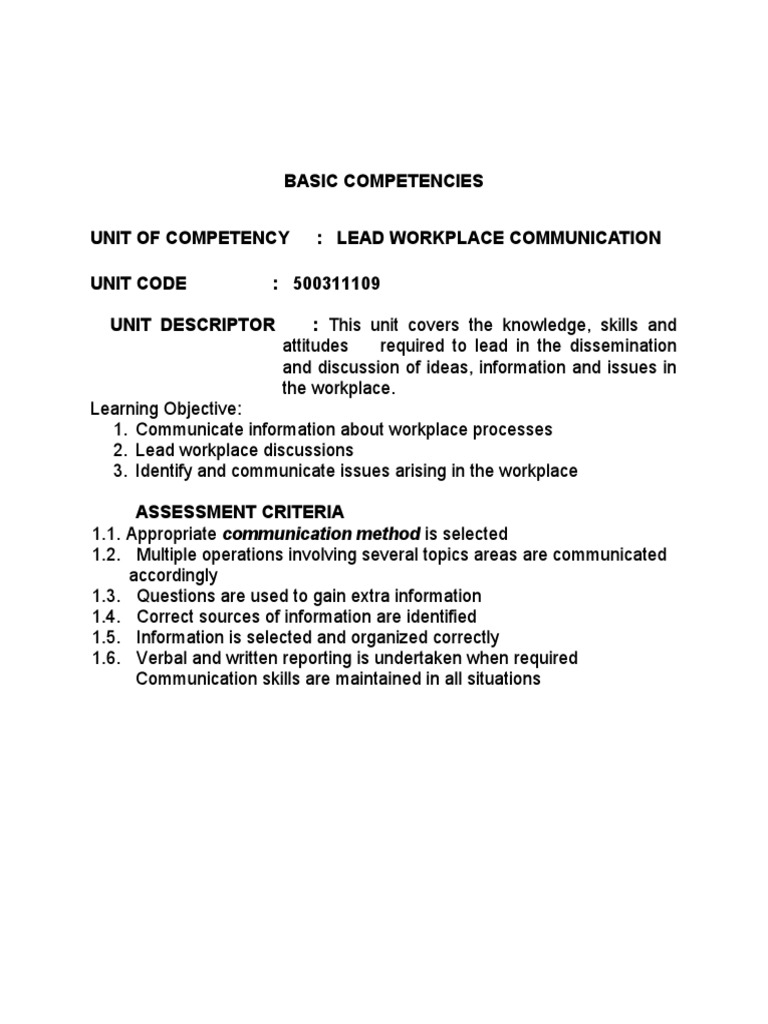 Basic Competencies Unit of Competency: Lead Workplace Communication ...