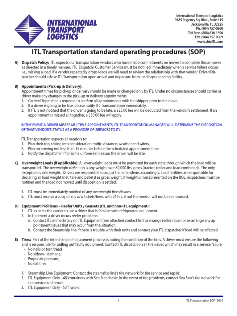 ITL Transportation Standard Operating Procedures (SOP) | PDF | Tire ...