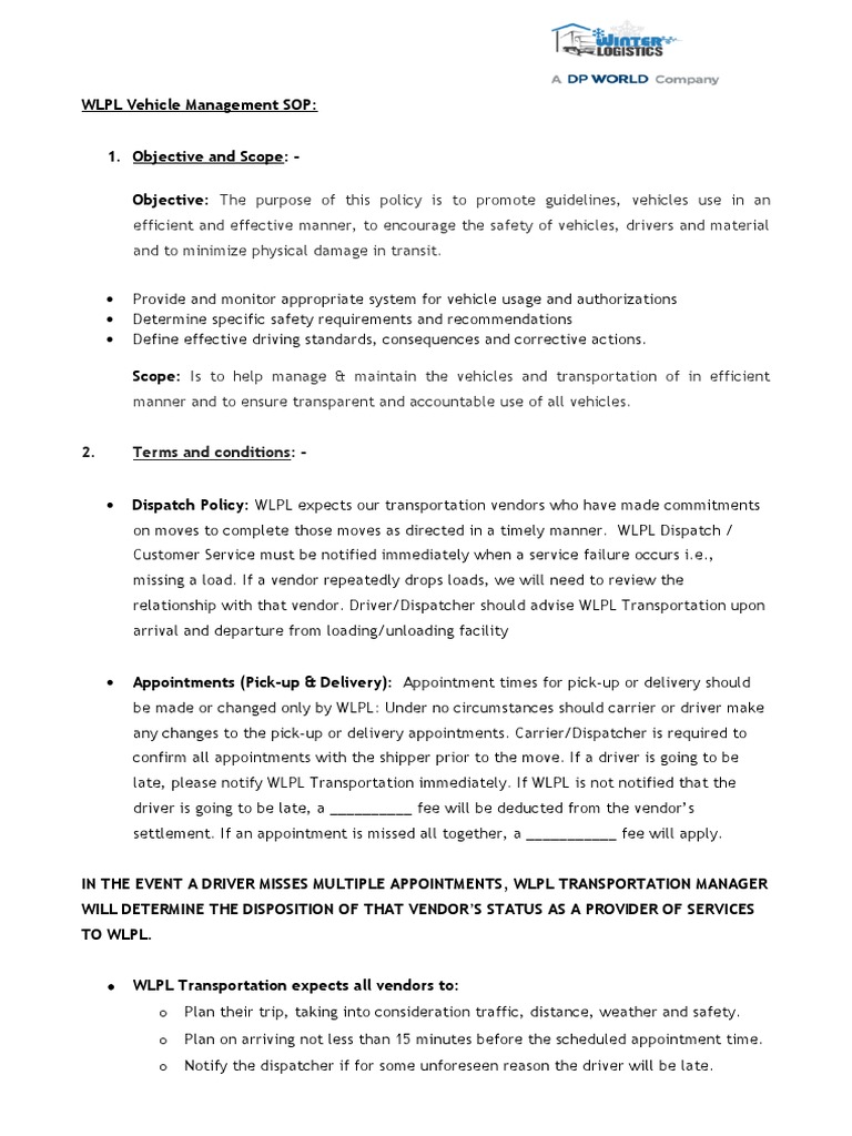 WLPL Vehicle Management SOP:: 2. Terms and Conditions | PDF | Tire ...
