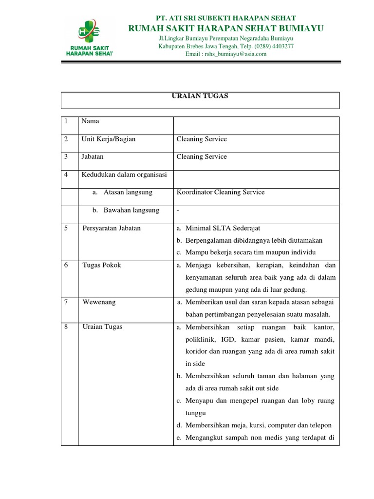 Tugas dan Tanggung Jawab Cleaning Service Rumah Sakit | PDF