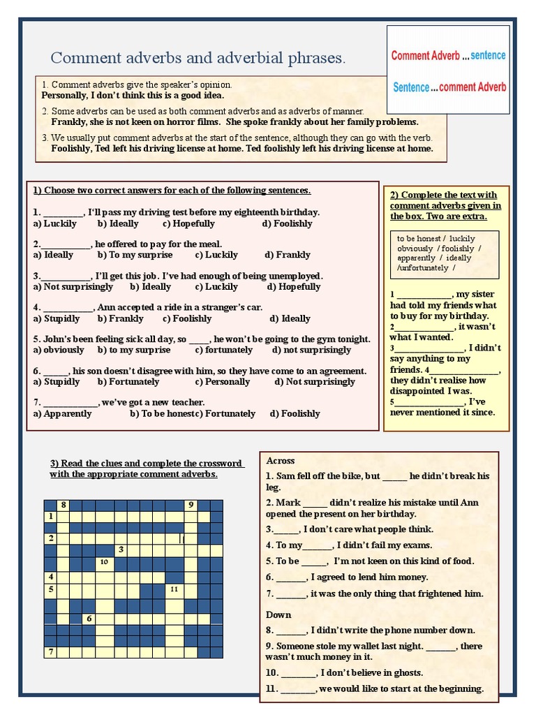 Comment Adverbs and Adverbial Phrases Crosswords Grammar Drills Grammar ...
