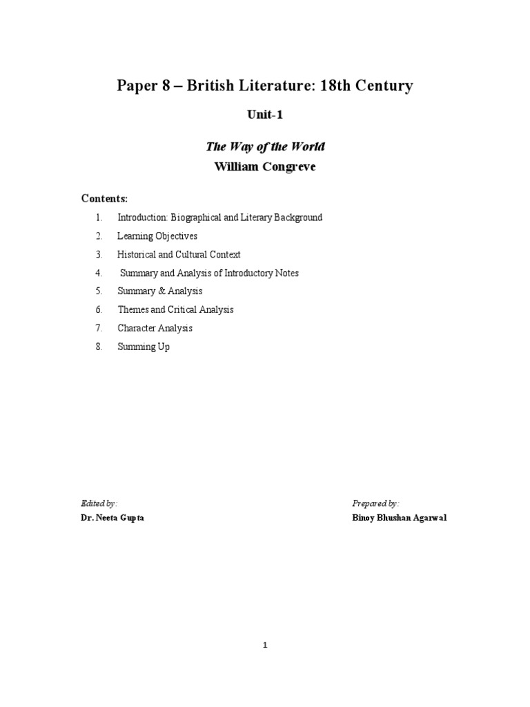 Paper 8 - British Literature: 18th Century: Unit-1 The Way of The World ...