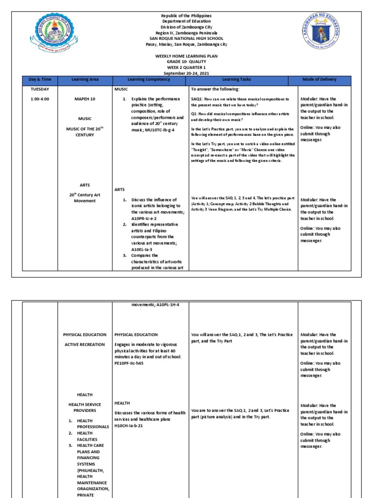 MAPEH10 Weekly Home Learning Plan 2nd Week | PDF | Health Care ...