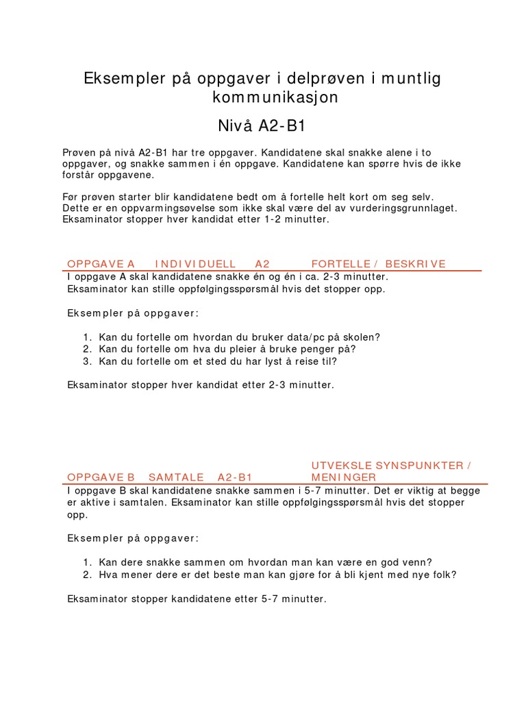 Eksempler Pa Oppgaver I Delproven I Muntlig Kommunikasjon Niva A2 b1 Bokmal | PDF