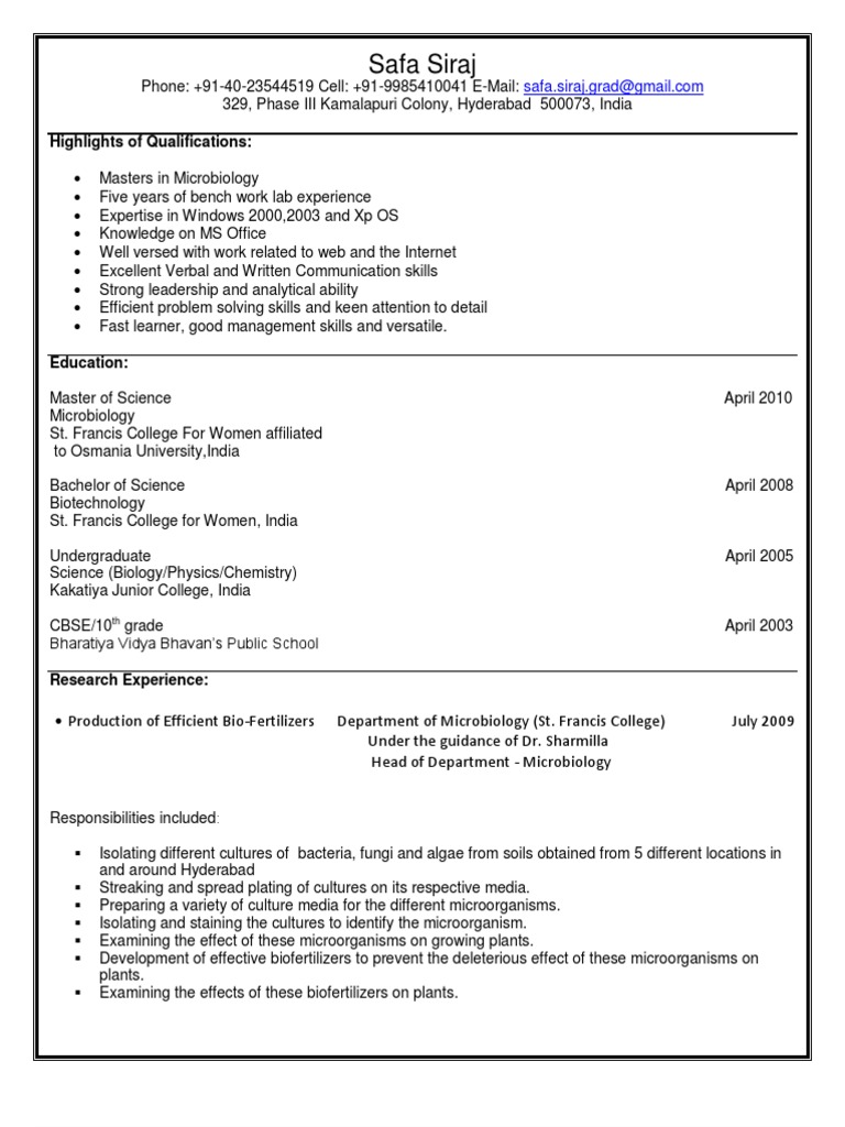 Safa Resume | PDF | Microbiology | Microorganism