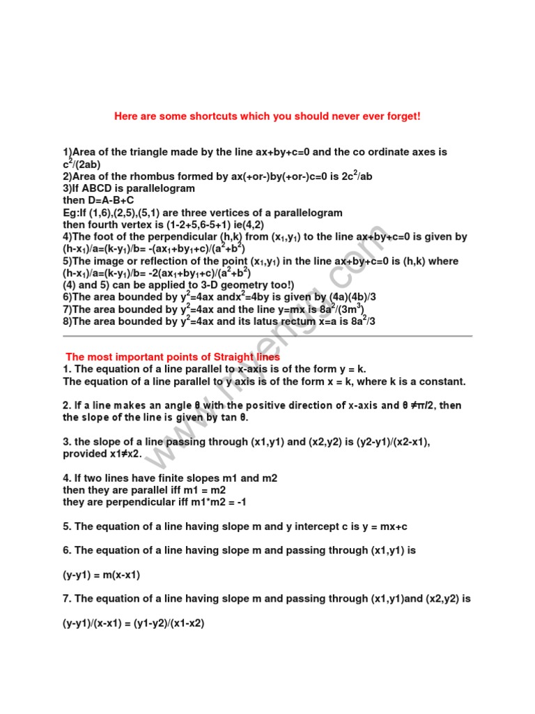 Important Shortcuts and Formulas for Straight Lines, Parabolas, and ...