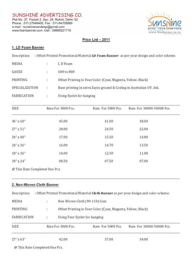 Publicity Printing Price List 2011 | PDF | Printing | Magenta