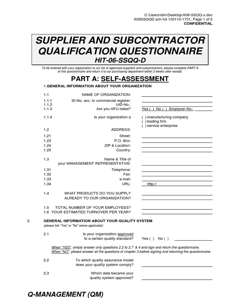 Supplier and Subcontractor Qualification Questionnaire: HIT-06-SSQQ-D | PDF | Quality Management ...