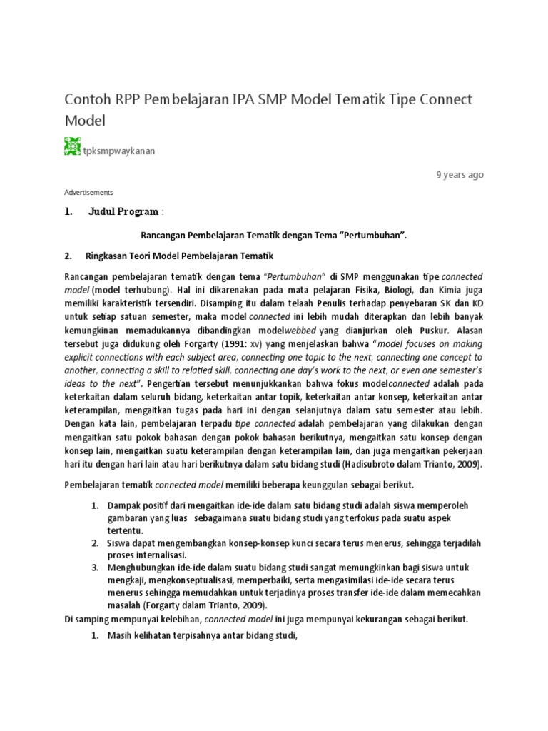 Contoh RPP Pembelajaran IPA SMP Model Tematik Tipe Connect Model | PDF