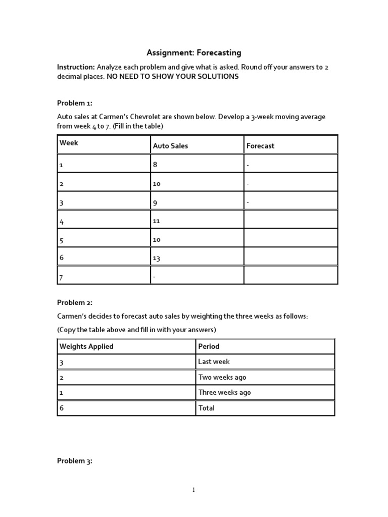 Assignment: Forecasting: Instruction: Analyze Each Problem and Give What Is Asked. Round Off ...