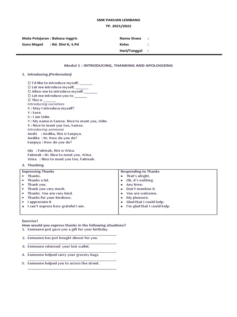 Modul 1 INTRODUCING, THANKING AND APOLOGIZING | PDF | Language Arts ...