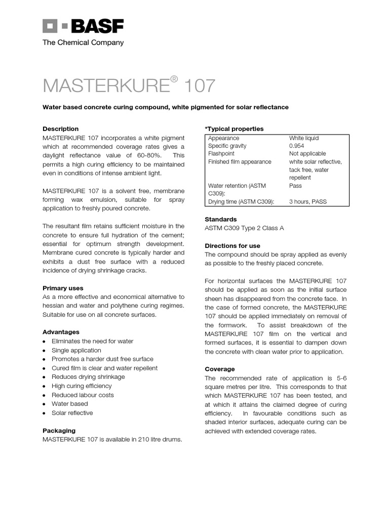Masterkure 107: Water Based Concrete Curing Compound, White Pigmented For Solar Reflectance ...